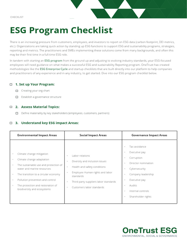 OneTrust ESG Program Checklist | PDF | Sustainability | Governance