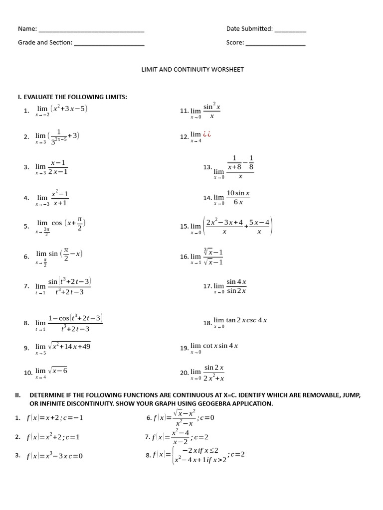 Limit and Continuity Worksheet | PDF