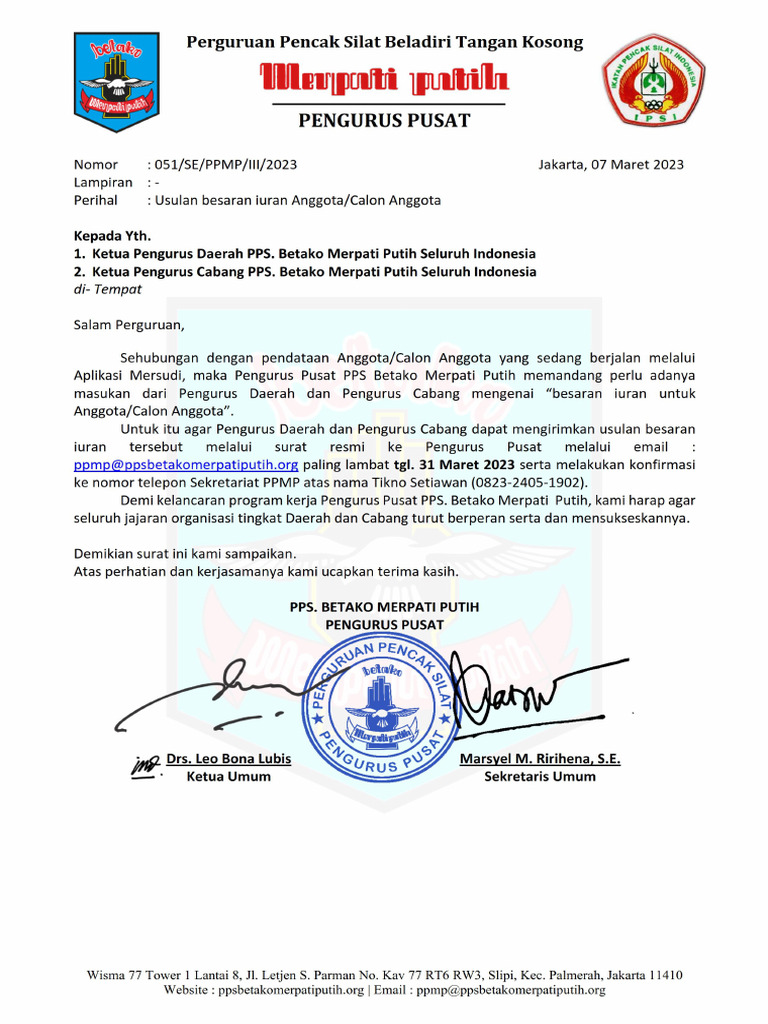 Surat Edaran No. 051 Usulan Besaran Iuran Anggota - Perguruan Silat ...