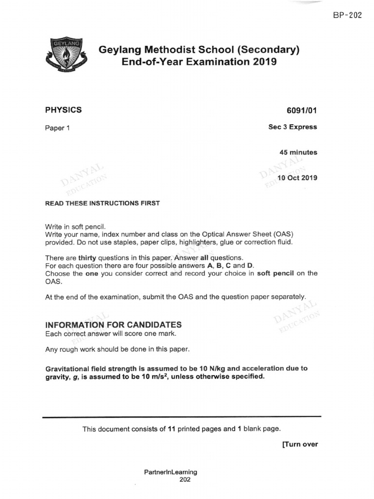 Geylang Methodist School Physics Sec 3 EOY 2019 | PDF | Pendulum | Mass