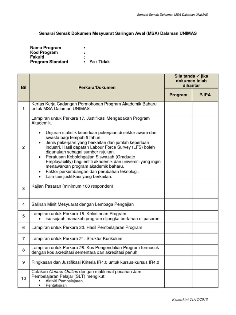Senarai Semak Dokumen MSA-UNIMAS 2019 | PDF