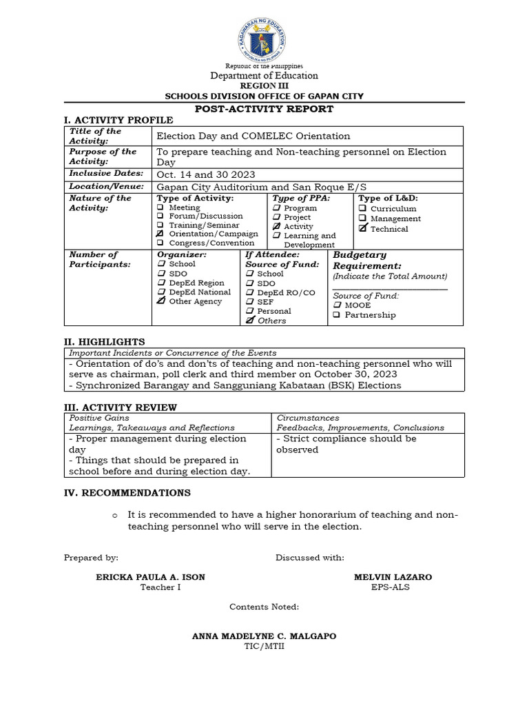 Post-Activity Report: Election Day Prep | PDF | Government