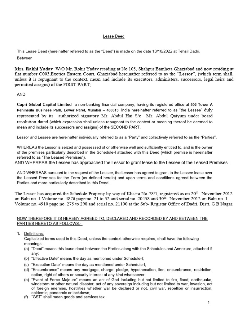 Lease Deed Agreement for Premises | PDF