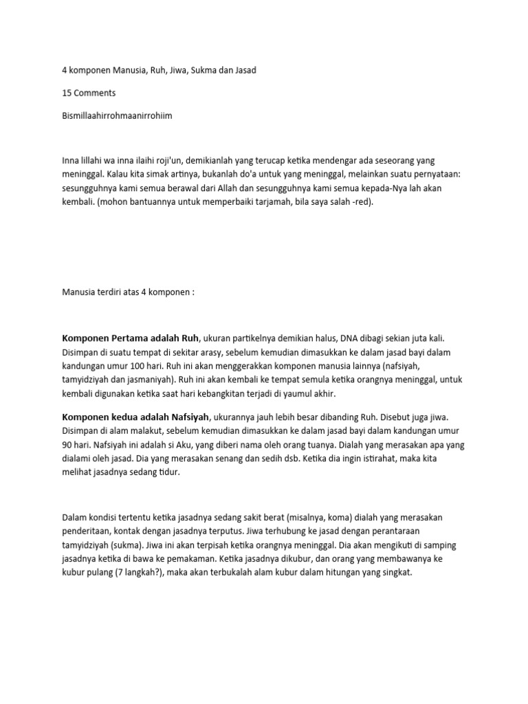 Komponen Manusia: Ruh, Jiwa, Sukma, Jasad | PDF