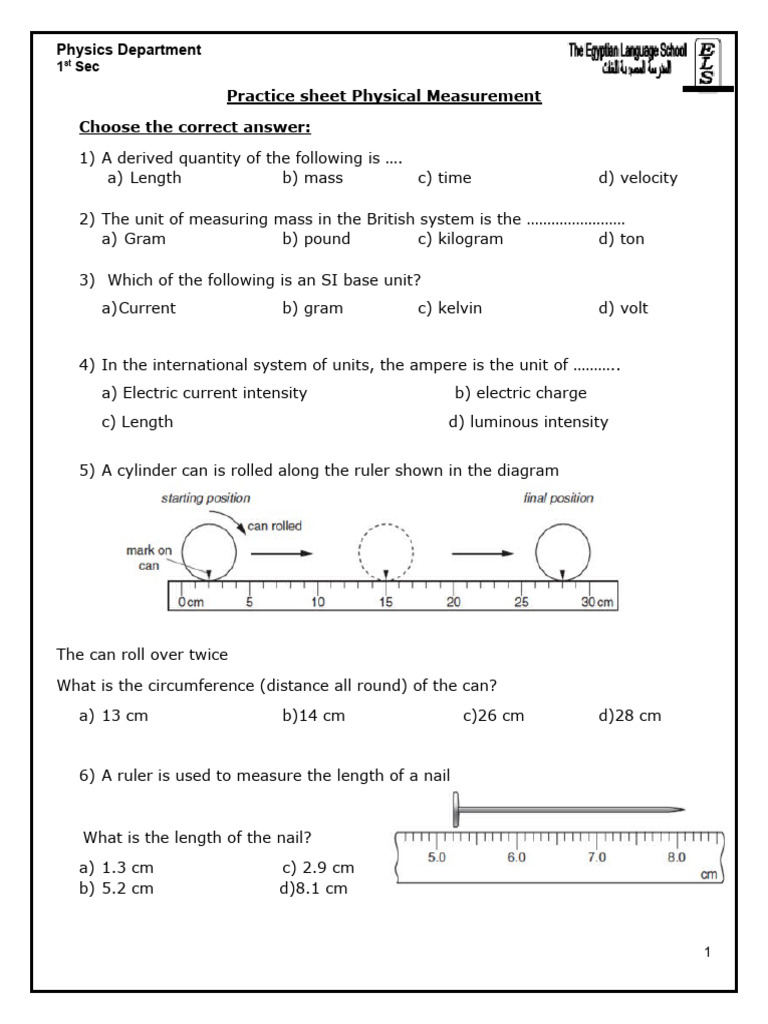 Practice Sheet Physical Measurement 2020 - 2021 | PDF
