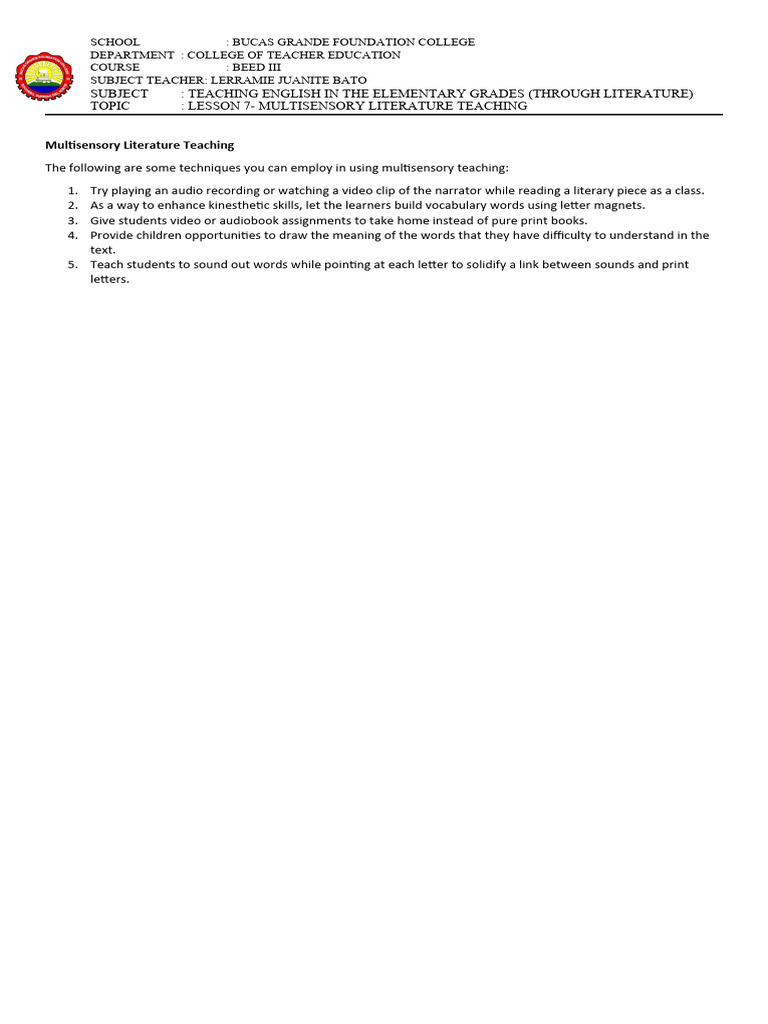 Lesson 7- Multisensory Literature Teaching | PDF
