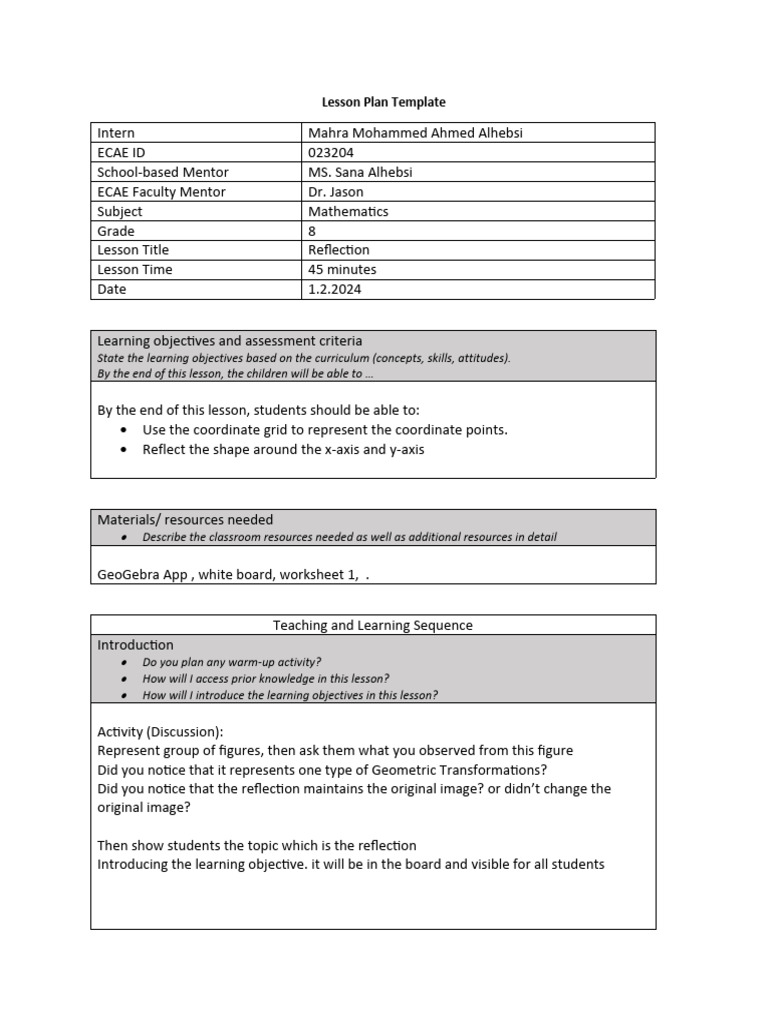 Lesson Plan Reflection | PDF | Learning | Lesson Plan