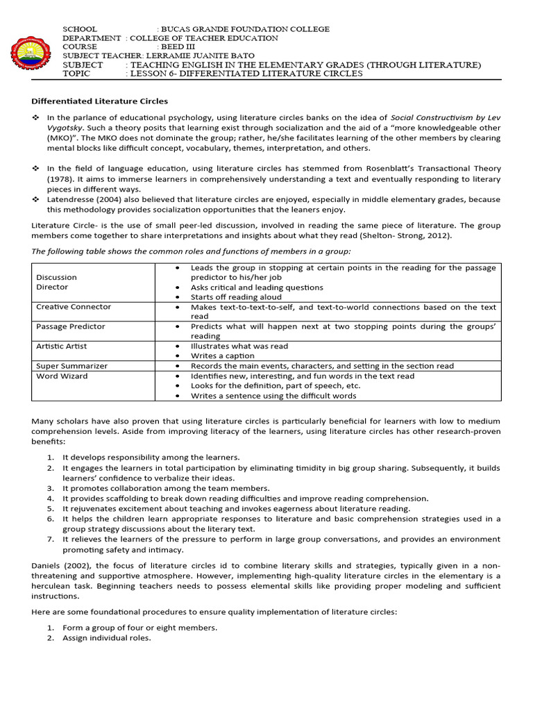 Lesson 6 - Differentiated Literature Circles | PDF | Learning | Reading ...