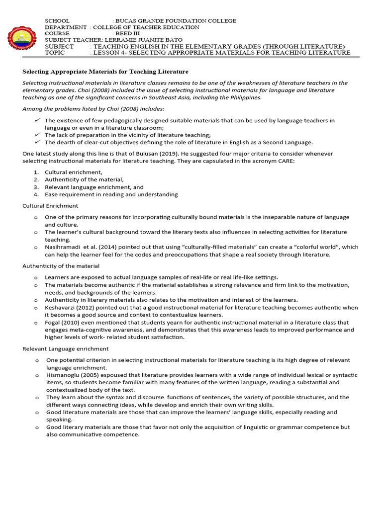 Lesson 4 - Seclecting Appropriate Materials For Teaching Literature ...