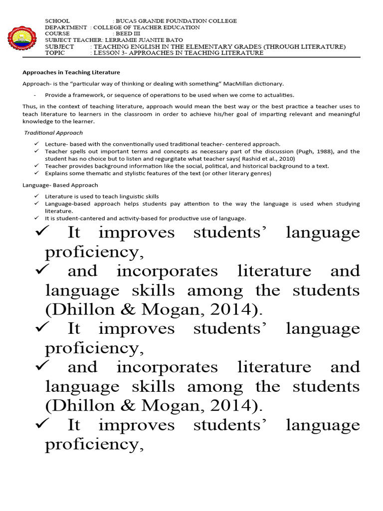 Lesson 3 - Approaches in Teaching Literature | PDF