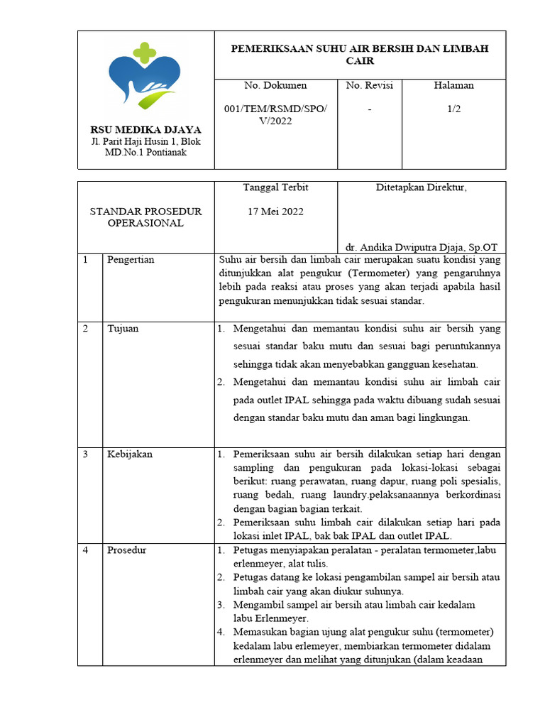Sop Pemeriksaan Suhu Air Bersih Dan Limbah Cair | PDF | Kesehatan Holistik | Sains & Matematika