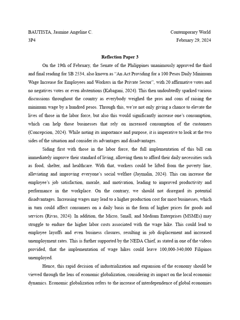 BAUTISTA - Reflection Paper 3 | PDF | Globalization | Labour Economics