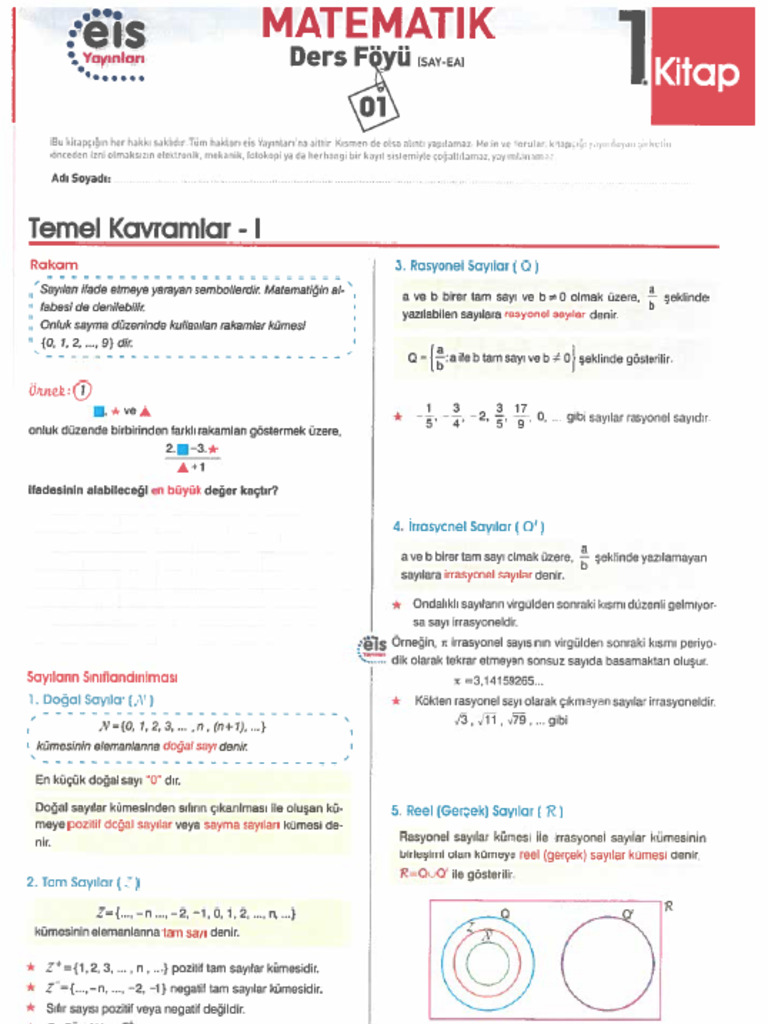 Matematik 1.kitap - Ders Föyü - Eis Yayınları | PDF