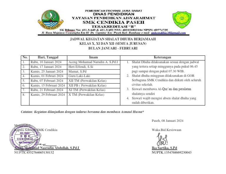 Jadwal Kegiatan Shalat Dhuha Berjamaah | PDF Jadwal Kegiatan Shalat Dhuha Berjamaah | PDF