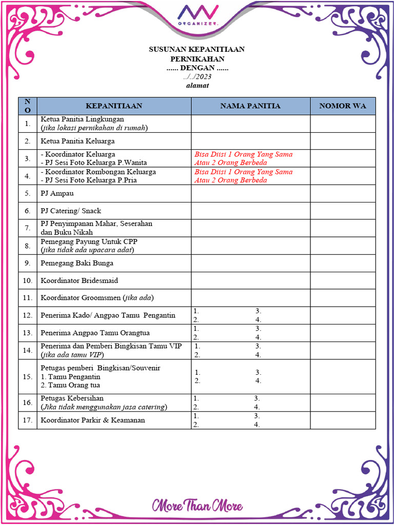 Form List Panitia Pernikahan 2023 New | PDF
