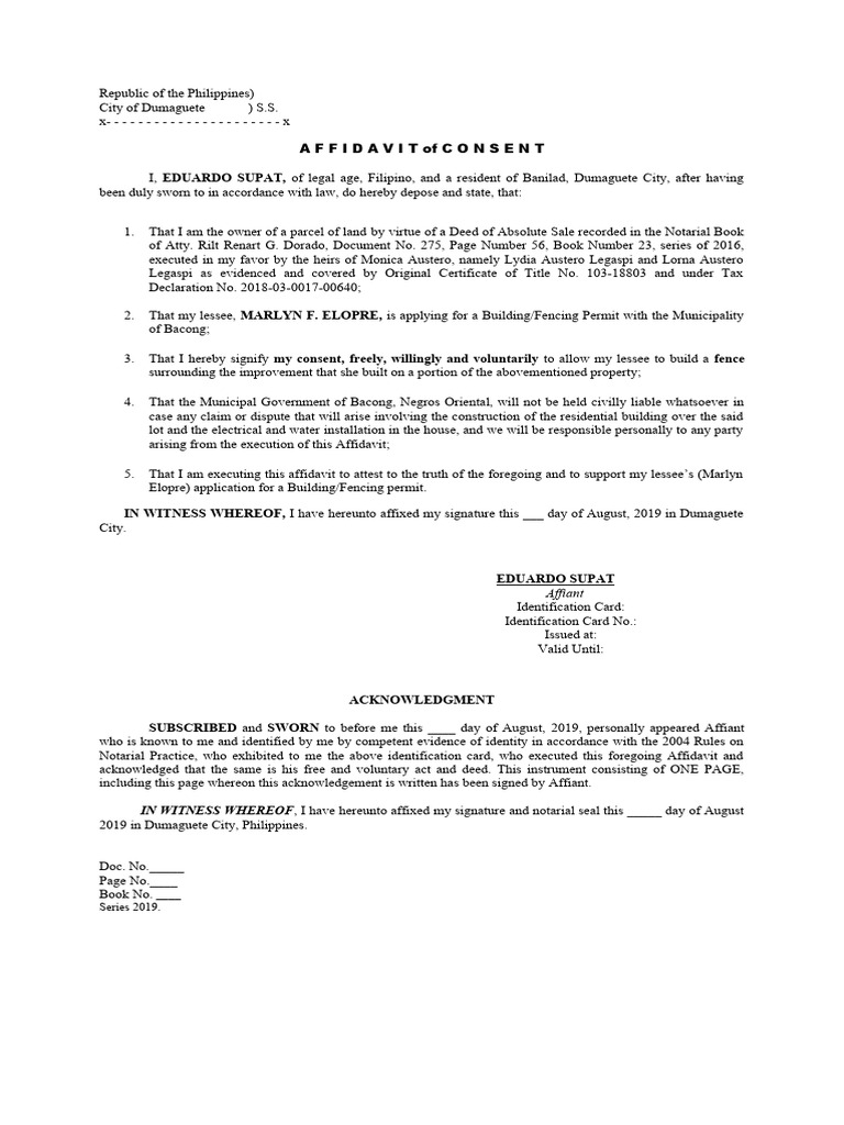 Affidavit of Consent - To Build A Fence For Building Fencing Permit ...