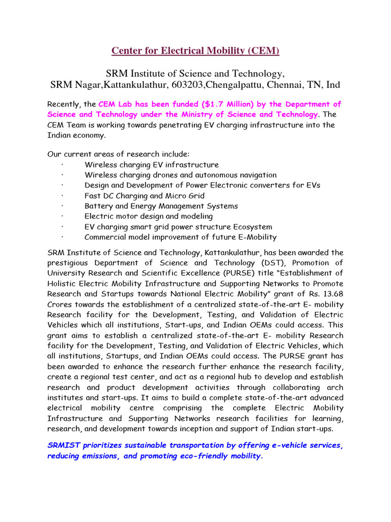 Center For Electrical Mobility | PDF