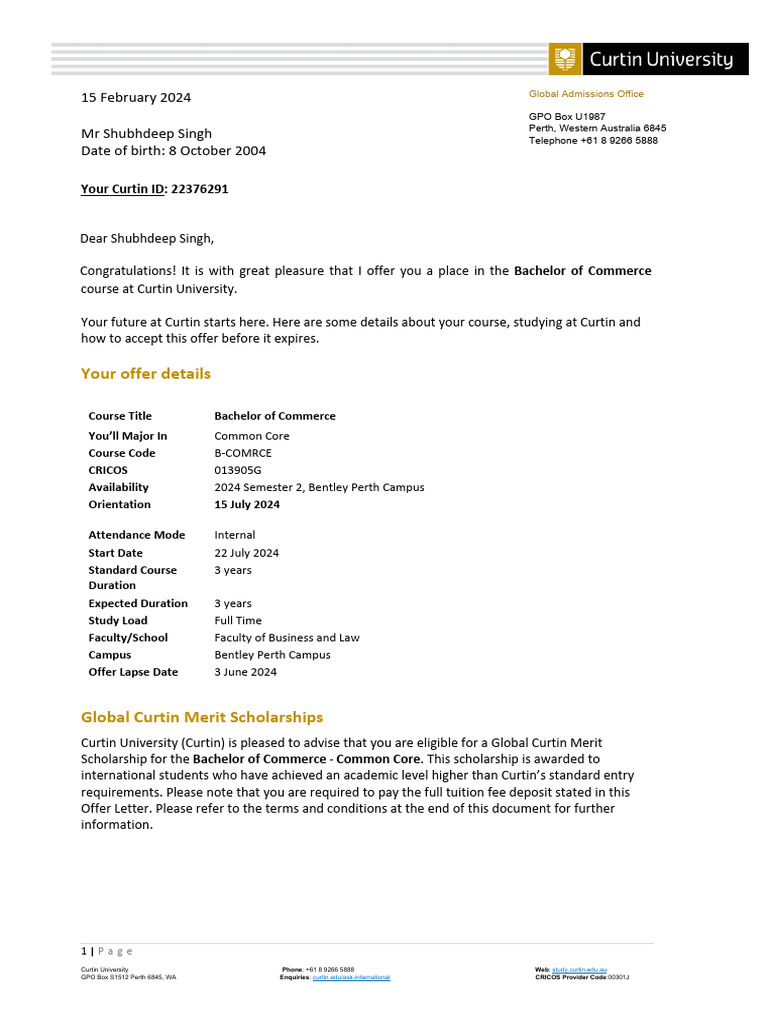 Curtin Offer Letter | PDF