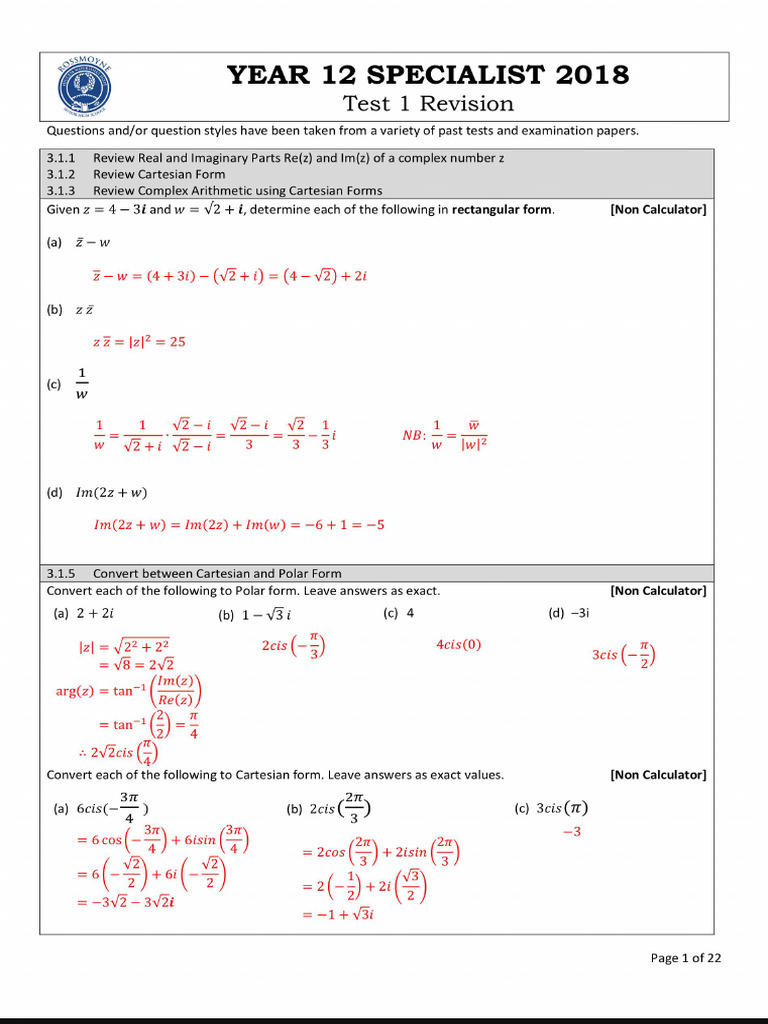 YEAR 12 SPECIALIST 2018 - Test 1 Revision Solutions | PDF