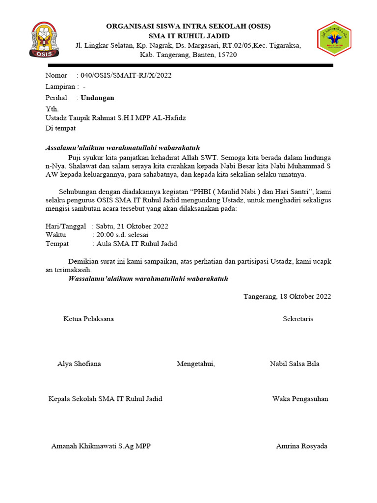 Undangan PHBI dan Hari Santri OSIS | PDF