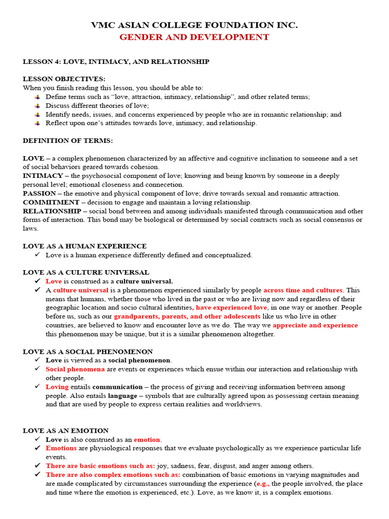 Gender and Development Chapter Lesson 4 | PDF | Love | Emotions