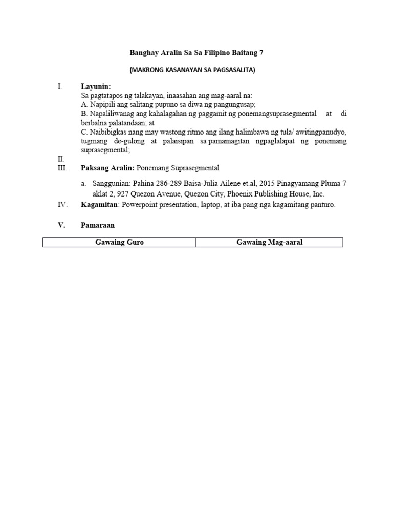 Banghay Aralin Sa Filipino 7 Ponemang Suprasegmental | PDF