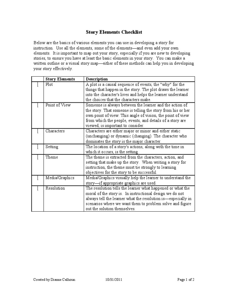 Story Elements Checklist | PDF | Plot (Narrative) | Narration