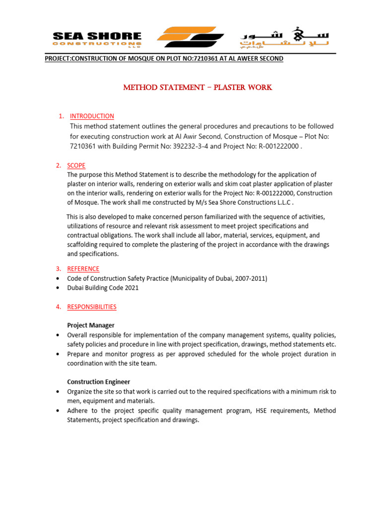 Method Statement - Plaster Work | PDF | Plaster | Scaffolding