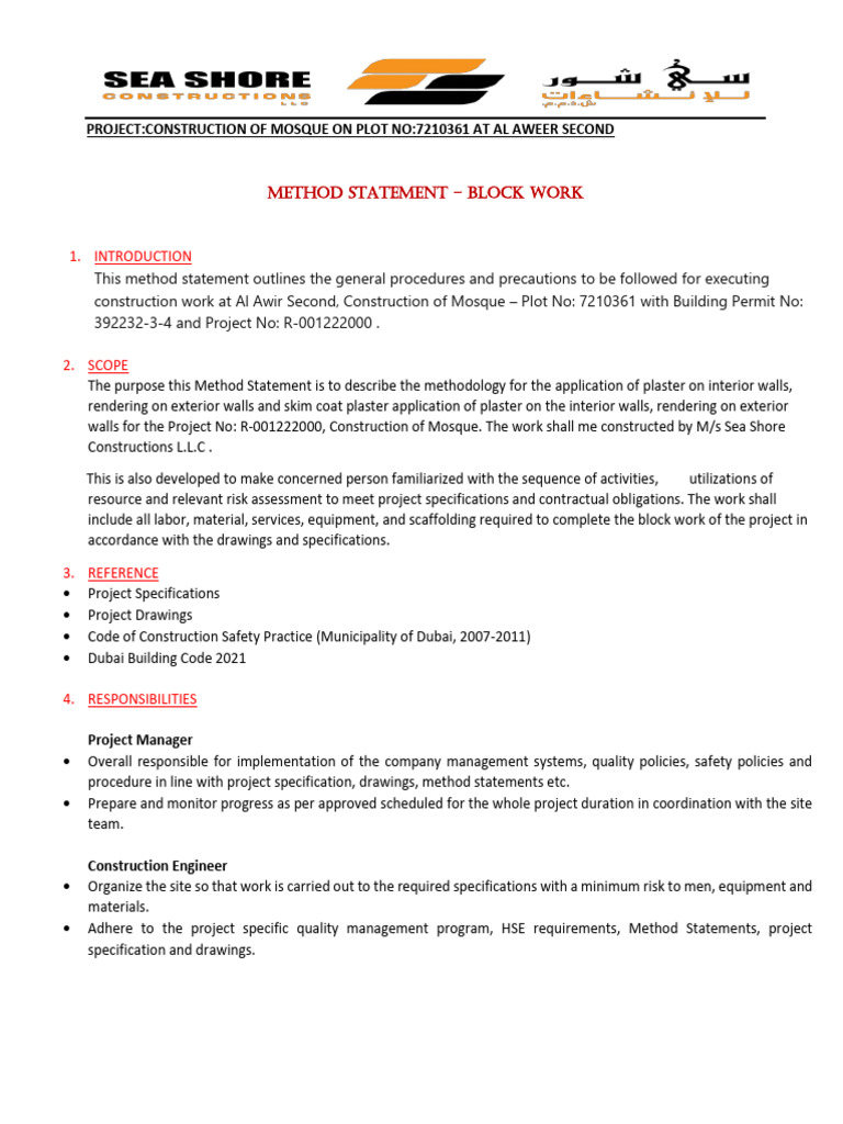 Method Statement - Block Work | PDF | Scaffolding | Wall
