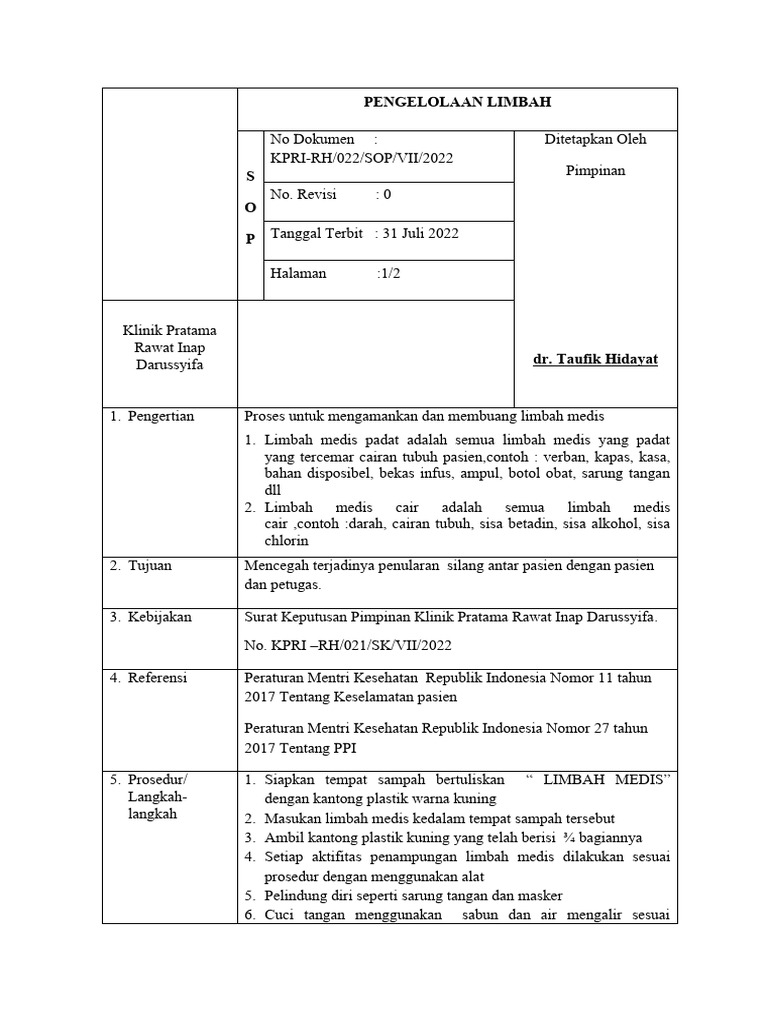 Sop Pengelolaan Limbah Medis Terbaru | PDF | Sains & Matematika