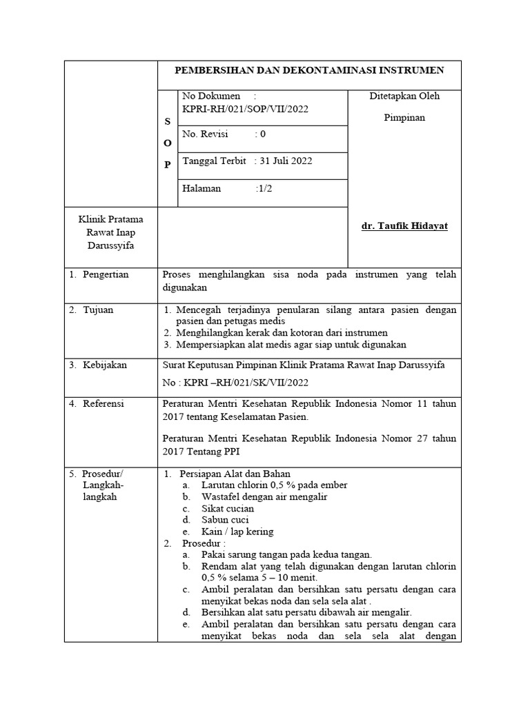 Sop Pembersih Dan Dekontaminasi Instrumen Terbaru | PDF