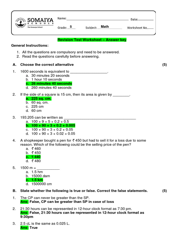 Revision Test WS Answer Key - Grade-5 Math | PDF | Volume | Area