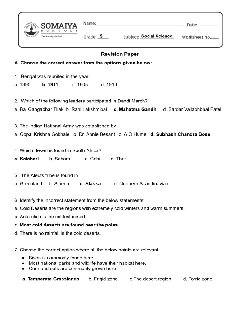 Answer Key Grade 5 Revision - SS - Skill Assessment Term 3 (2024) | PDF ...