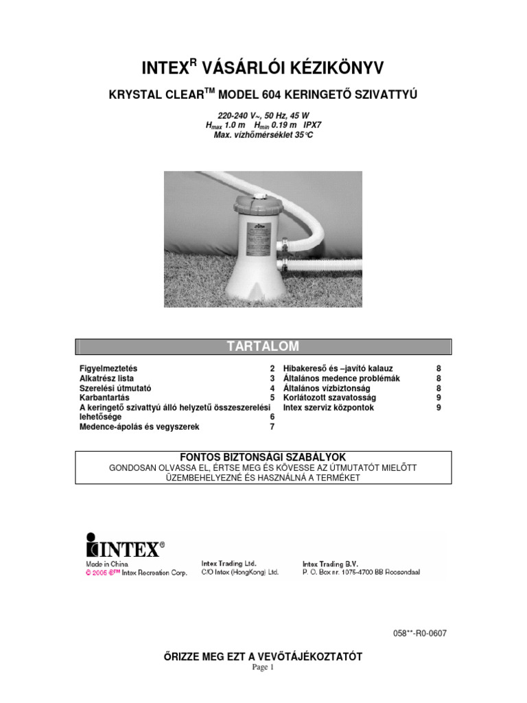 Intex 2m3h KRYSTAL CLEAR 604 Vizforgato HU | PDF