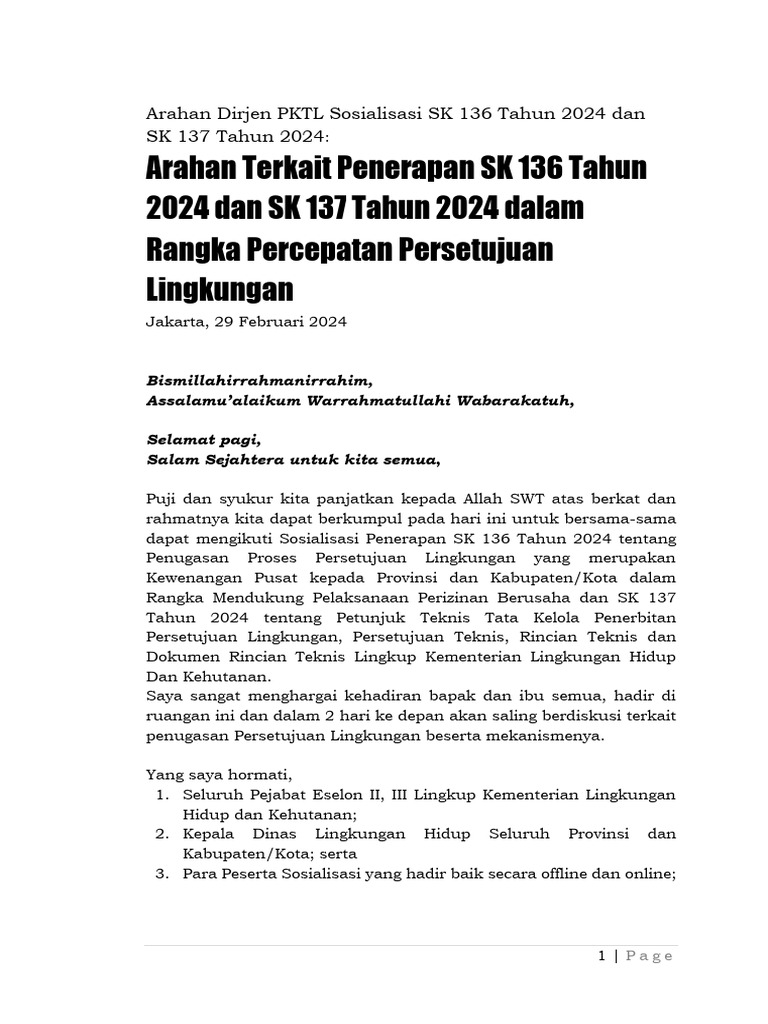1 - Sambutan Dirjen PKTL Sosialisasi SK 136 Dan SK 137 Tahun 2024 | PDF