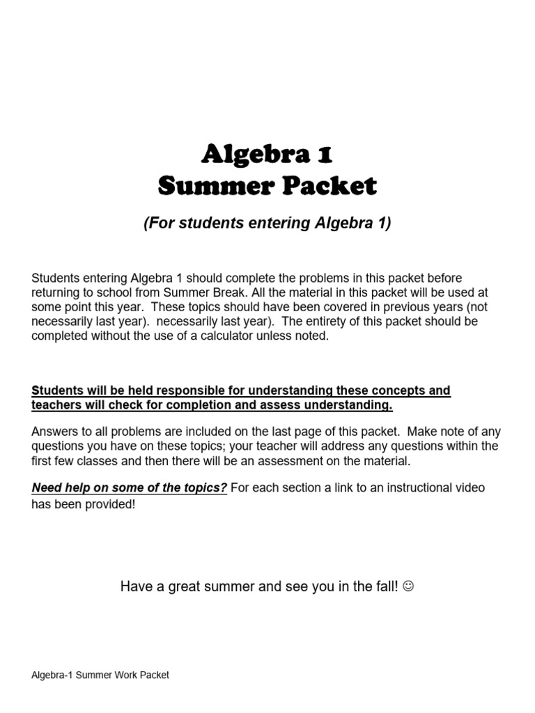 Algebra 1 Summer Work Packet | PDF | Equations | Mathematics