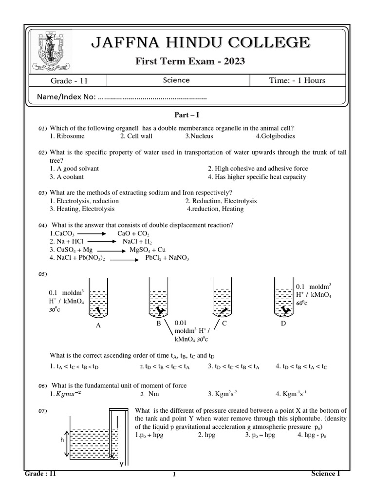 Jaffna Hindu College Grade 11 Science 2023 1st Term Test Paper ...