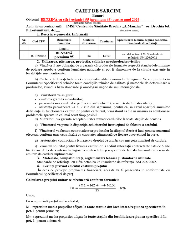 Caiet de Sarcini Benzina 2024 | PDF