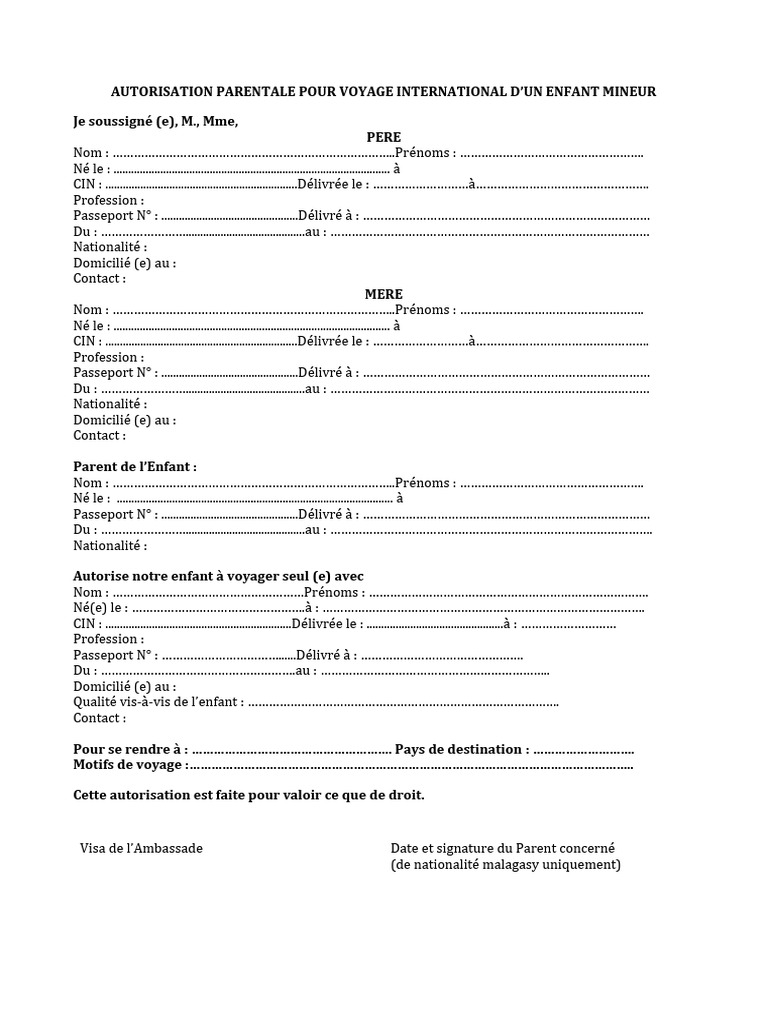 Autorisation Parentale Voyage International | PDF