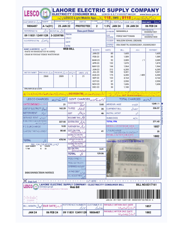 LESCO - Web Bill 2024 Jan | PDF