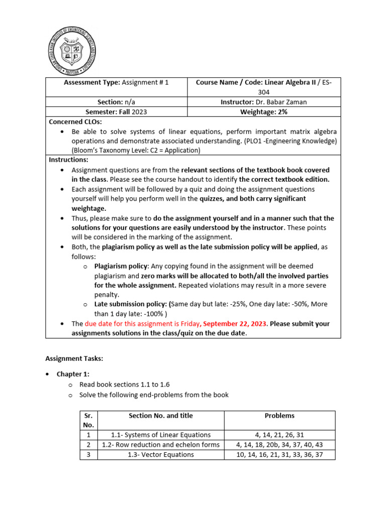 Assignment1-ES304 231 | PDF | System Of Linear Equations | Mathematical ...