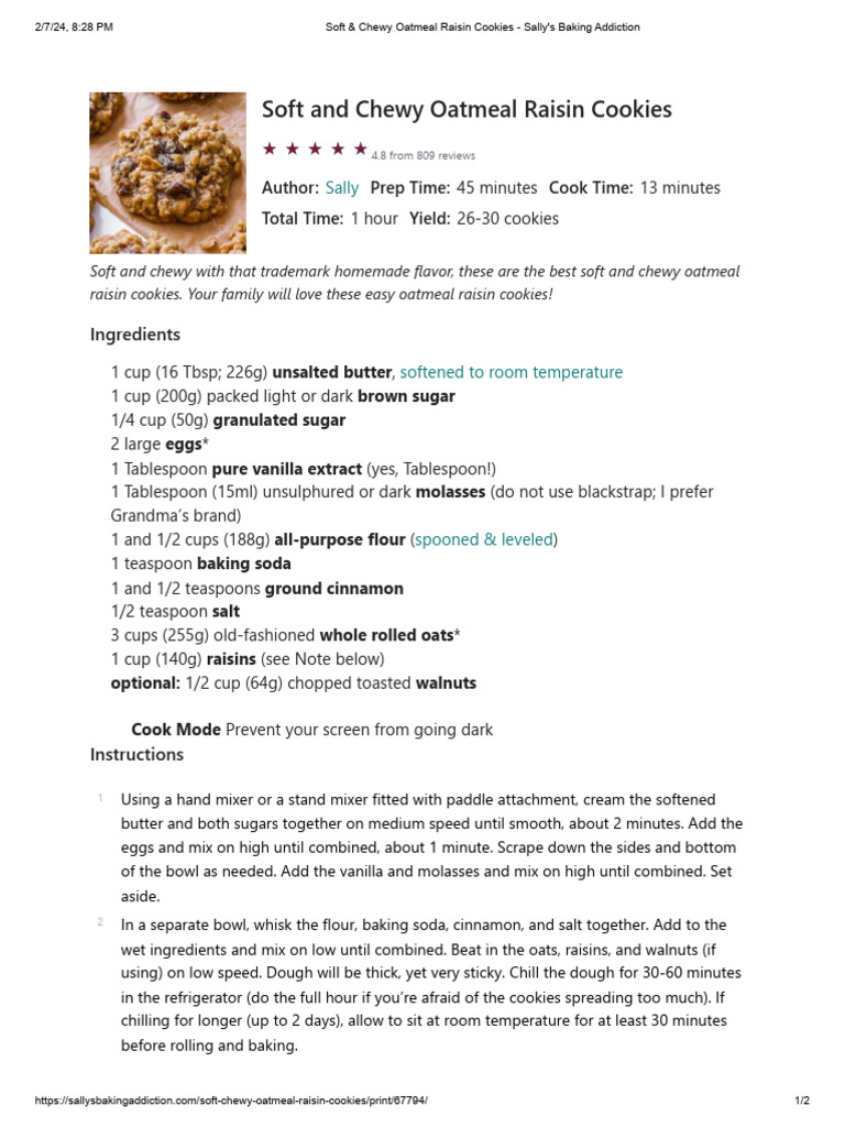 Soft & Chewy Oatmeal Raisin Cookies - Sally's Baking Addiction | PDF | Oatmeal | Baking