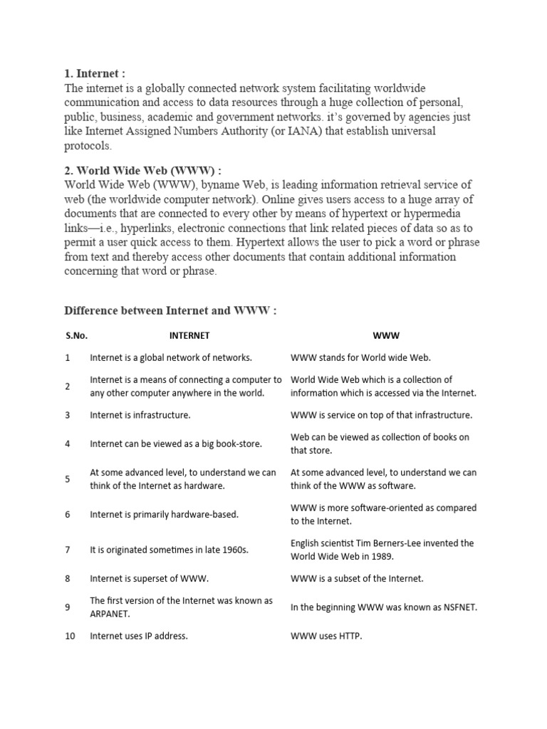Internet vs. WWW: Key Differences Explained | PDF | World Wide Web ...