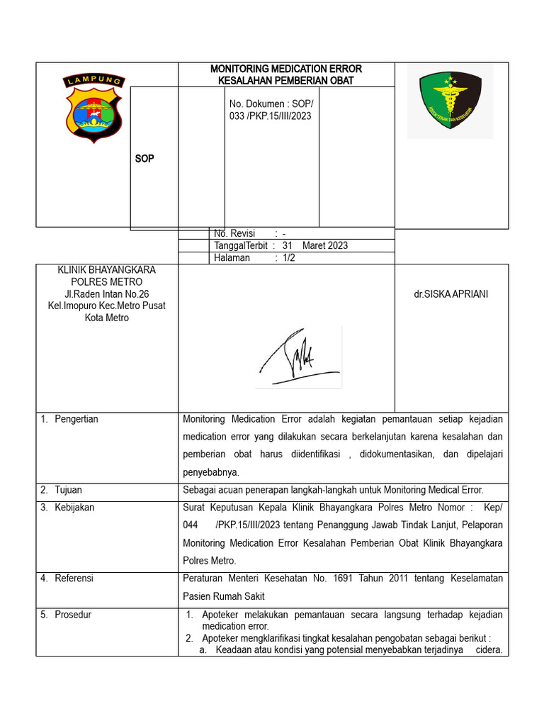 Sop Monitoring Medication Error Kesalahan Pemberian Obat | PDF