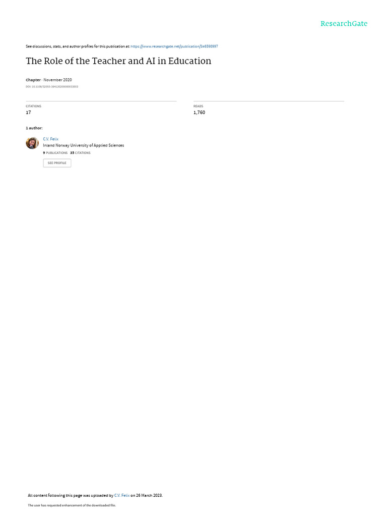 Chapter 3 The Role of The Teacher and AI in EducationCVFelix | PDF ...