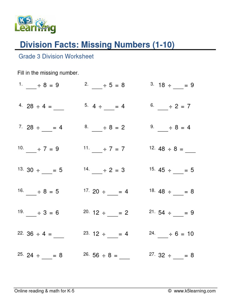 Grade 3 Division Facts Missing Number 1 10 D | PDF