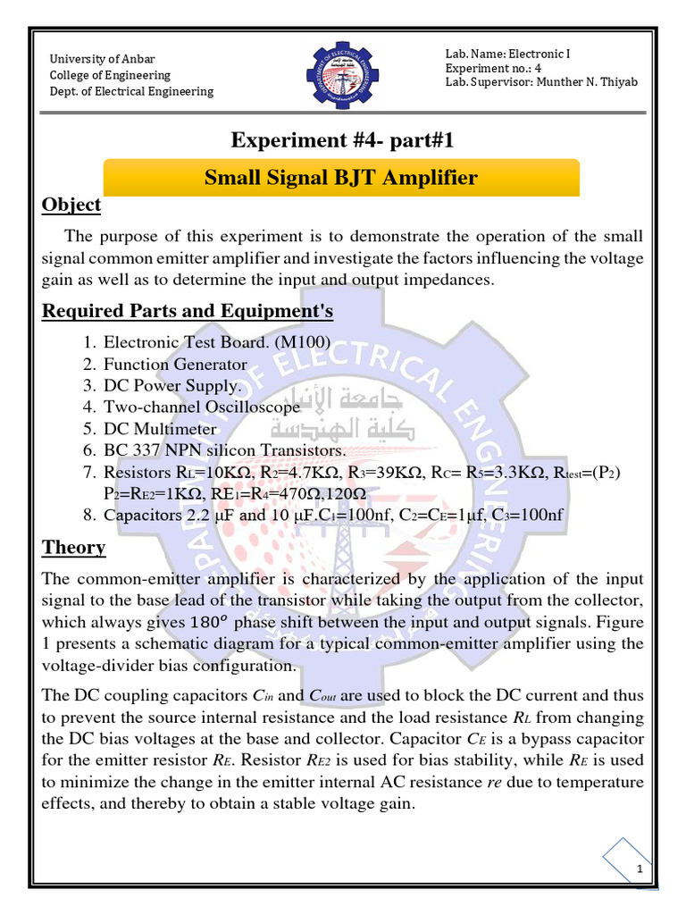 Experiment #4-Part#1 Small Signal BJT Amplifier: Object | PDF | Amplifier | Bipolar Junction ...