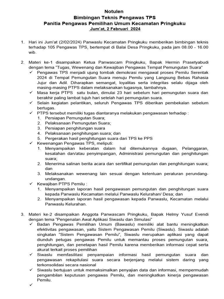 Notulen Bimtek PTPS 2 Februari 2024 | PDF Notulen Bimtek PTPS 2 Februari 2024 | PDF