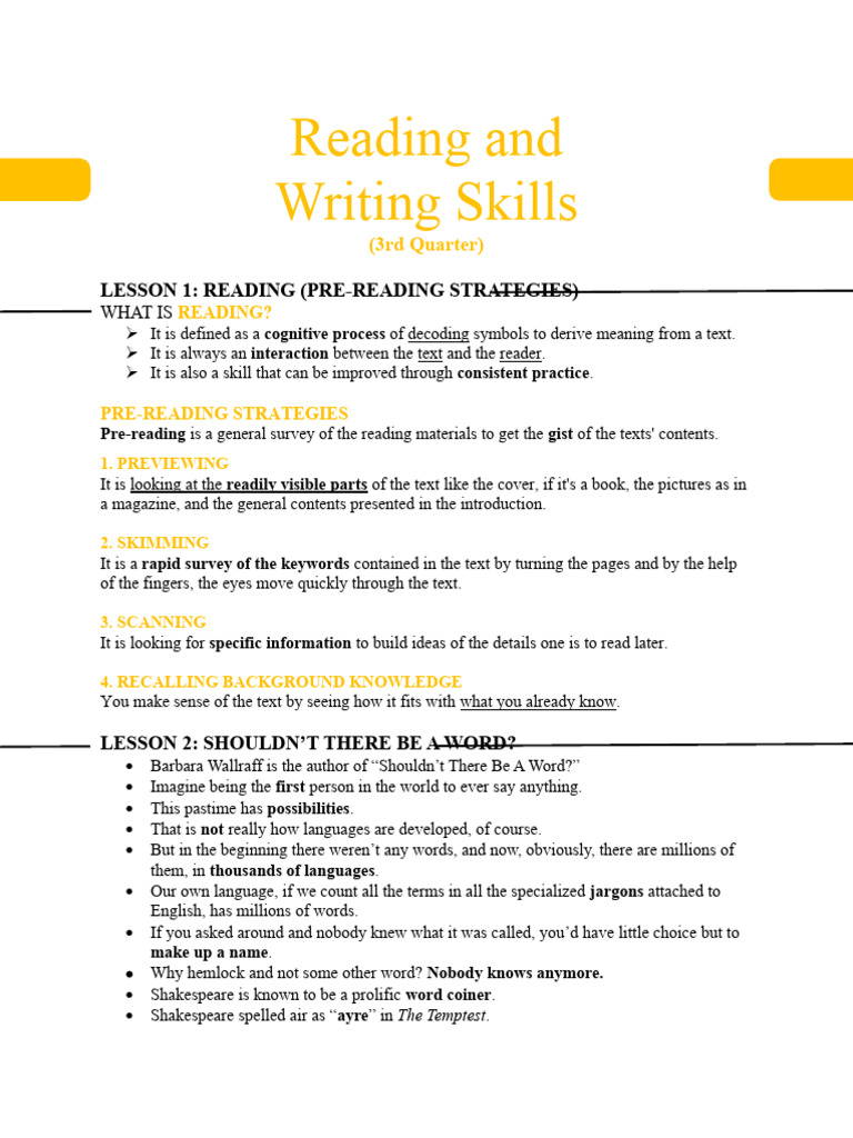 Reading and Writing Skills: Lesson 1: Reading (Pre-Reading Strategies) | PDF | Human ...