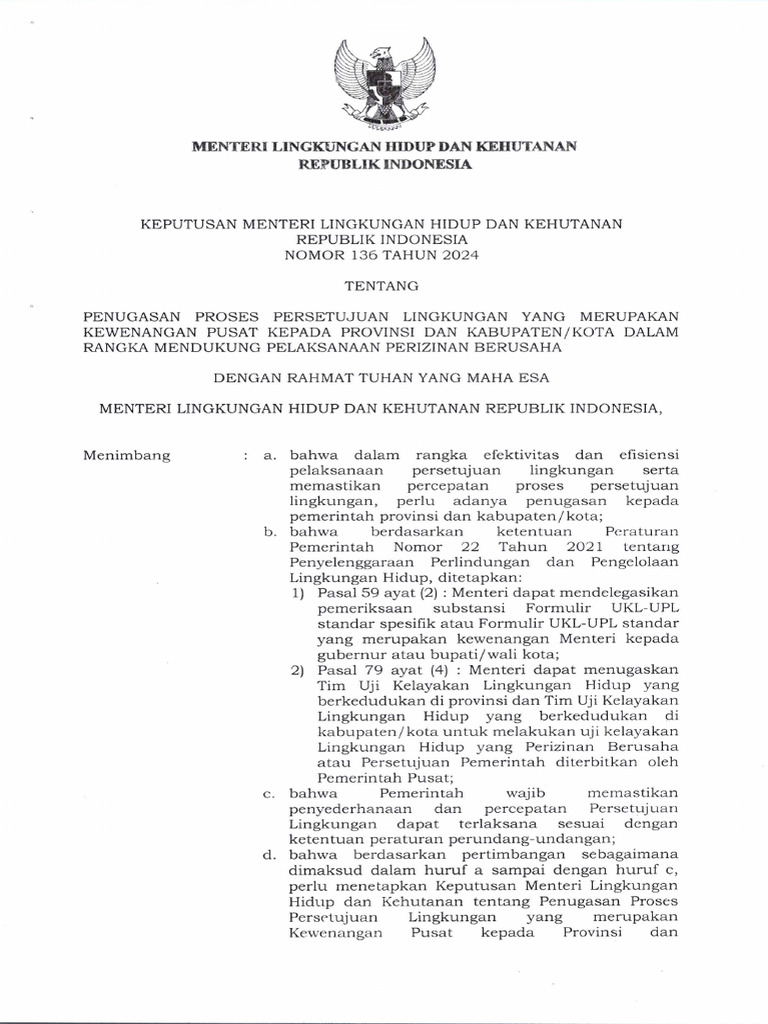 Keputusan Menteri LHK Nomor 136 Tahun 2024. | PDF